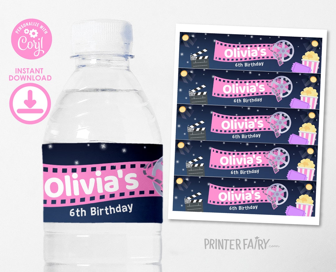 Movie Birthday Water Bottle Label Editable Movie Night - Etsy