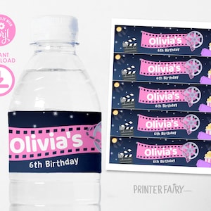 Movie Birthday Water Bottle Label, Editable Movie Night Birthday Party ...