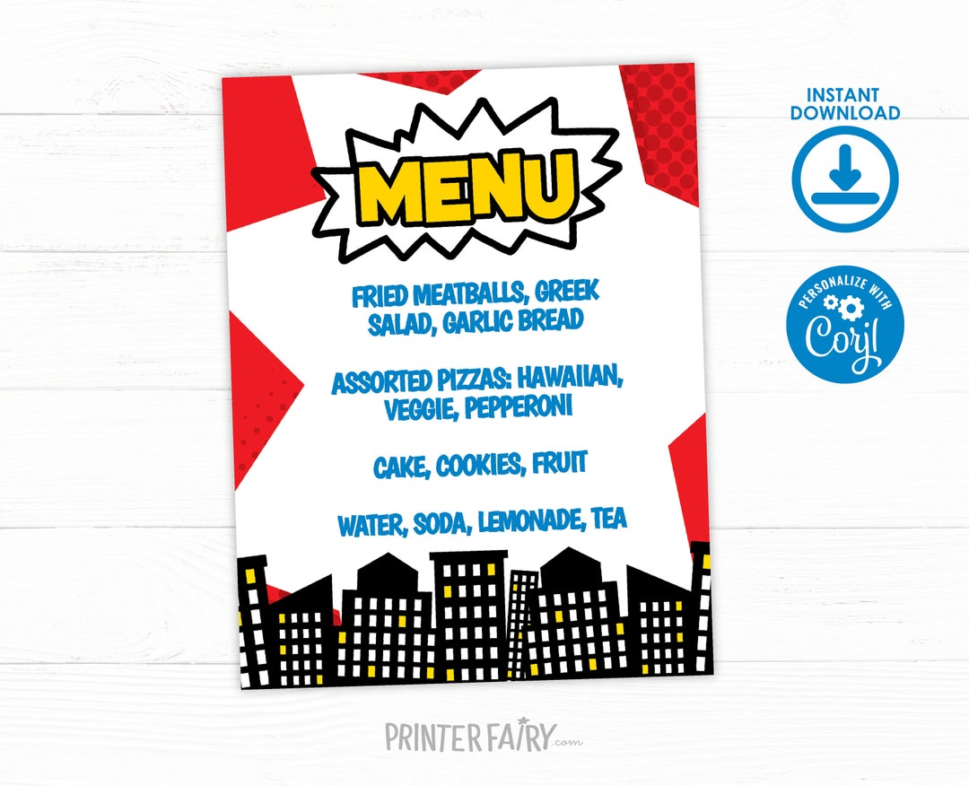 Superhero Birthday Party Menu, Editable, Little Superhero Dinner Menu ...