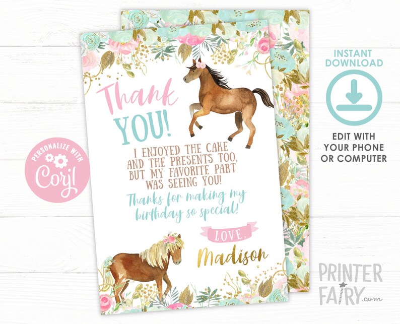 Horse Thank You Cards, EDITABLE, Girl Thank You Notes, Floral Birthday ...