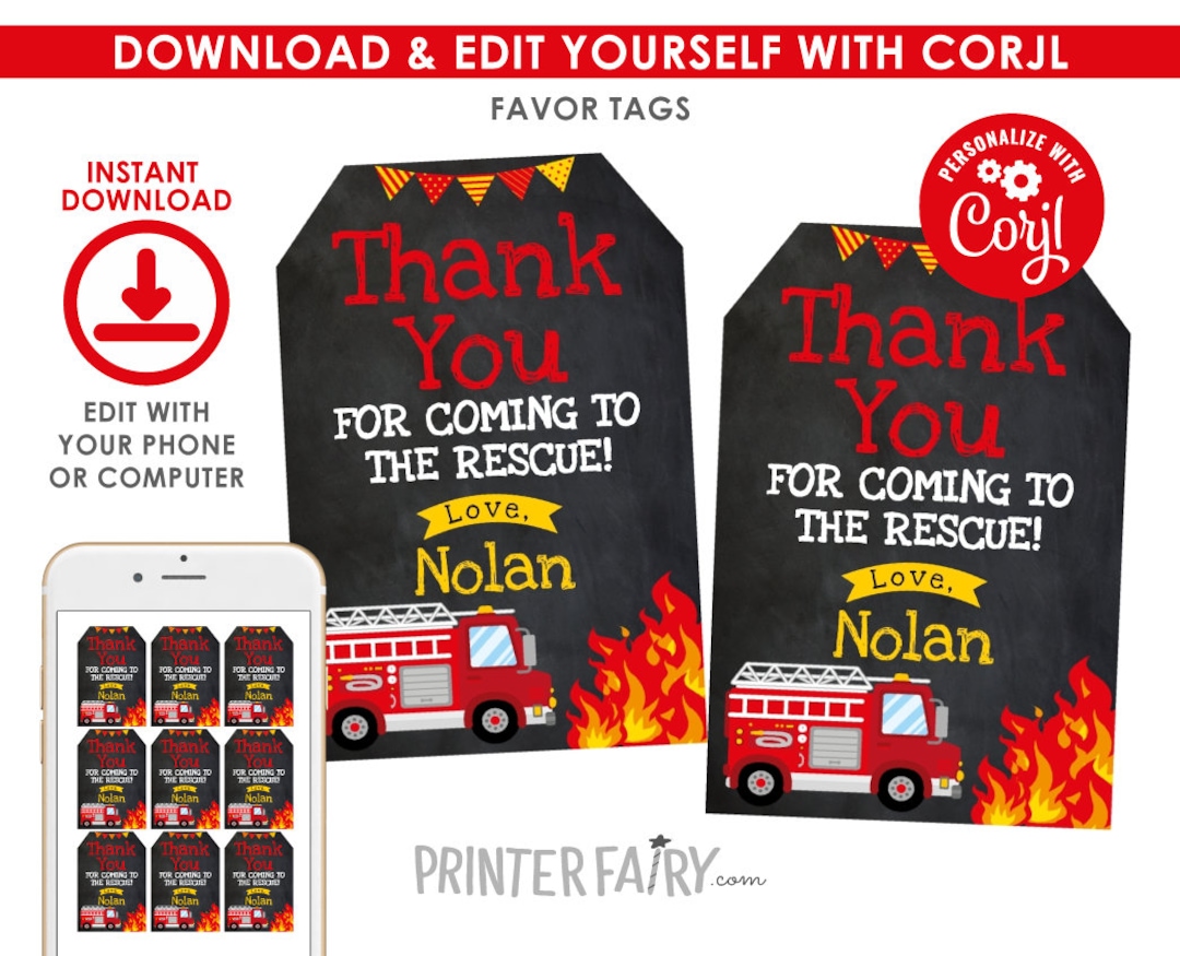 Firefighter Favor Tags, EDITABLE Fire Fighter Birthday Party, Fireman ...