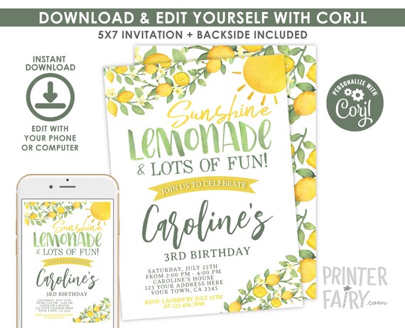 Lemon Birthday Invitation Printable Lunch Party Lemon Tree Tea Pot ...