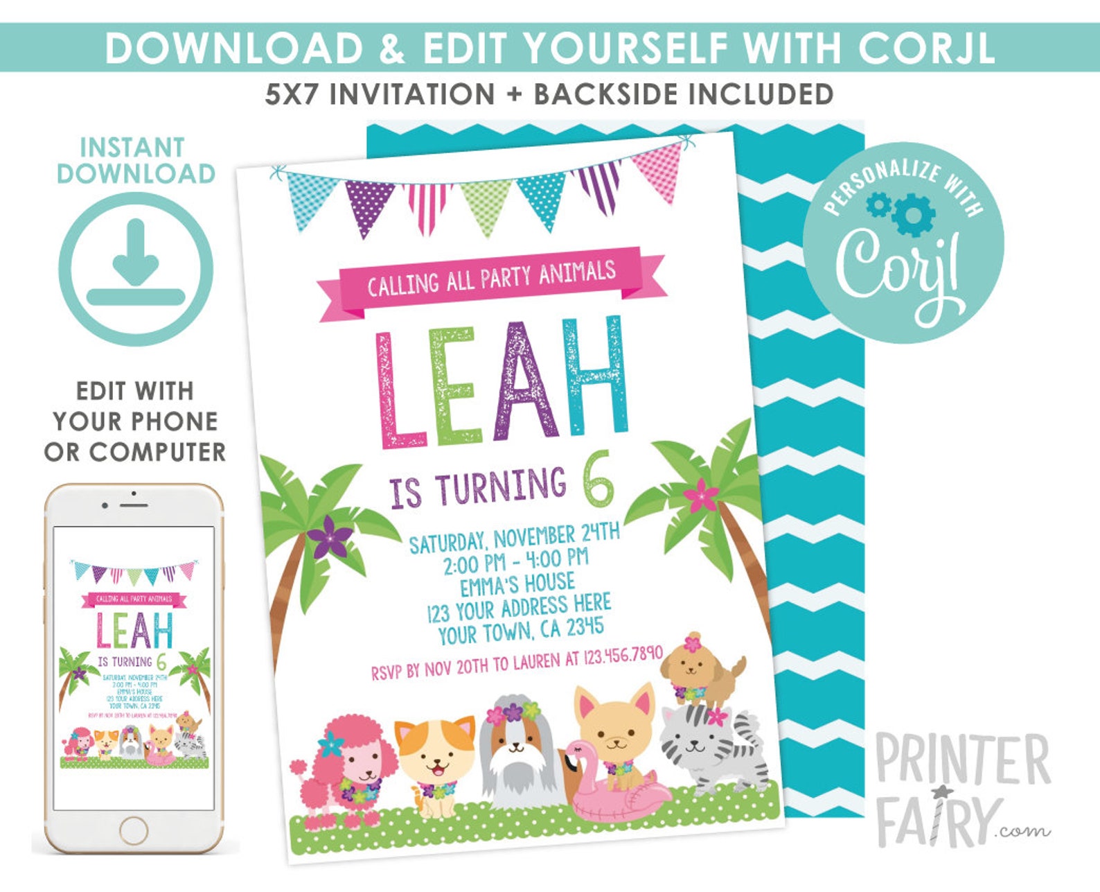 EDITABLE Puppy Birthday Invitation Luau Pet Adoption Party | Etsy