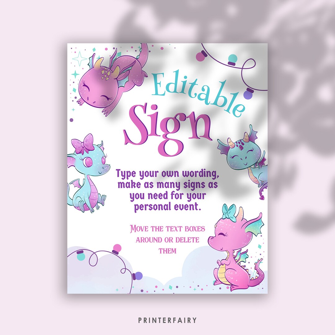 Dragon Birthday Party Editable Sign, Birthday Party Sign, Girl Dragon ...
