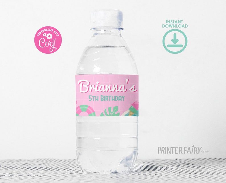 Pink Pool Party Water Bottle Label, Editable, Pink Birthday Party Water ...