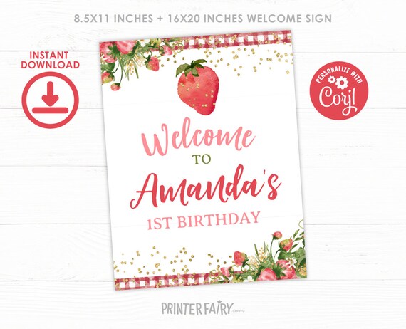 Strawberry Welcome Sign, Editable, Strawberry Sign, Fruit Birthday ...