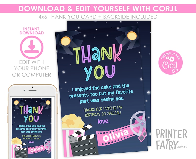 Movie Birthday Thank You Card, Editable Movie Night Birthday Party ...