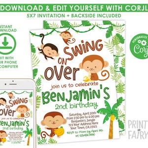 Monkey Birthday Invitation, EDITABLE Monkey 1st Birthday Invitation, Little Monkey Birthday ...