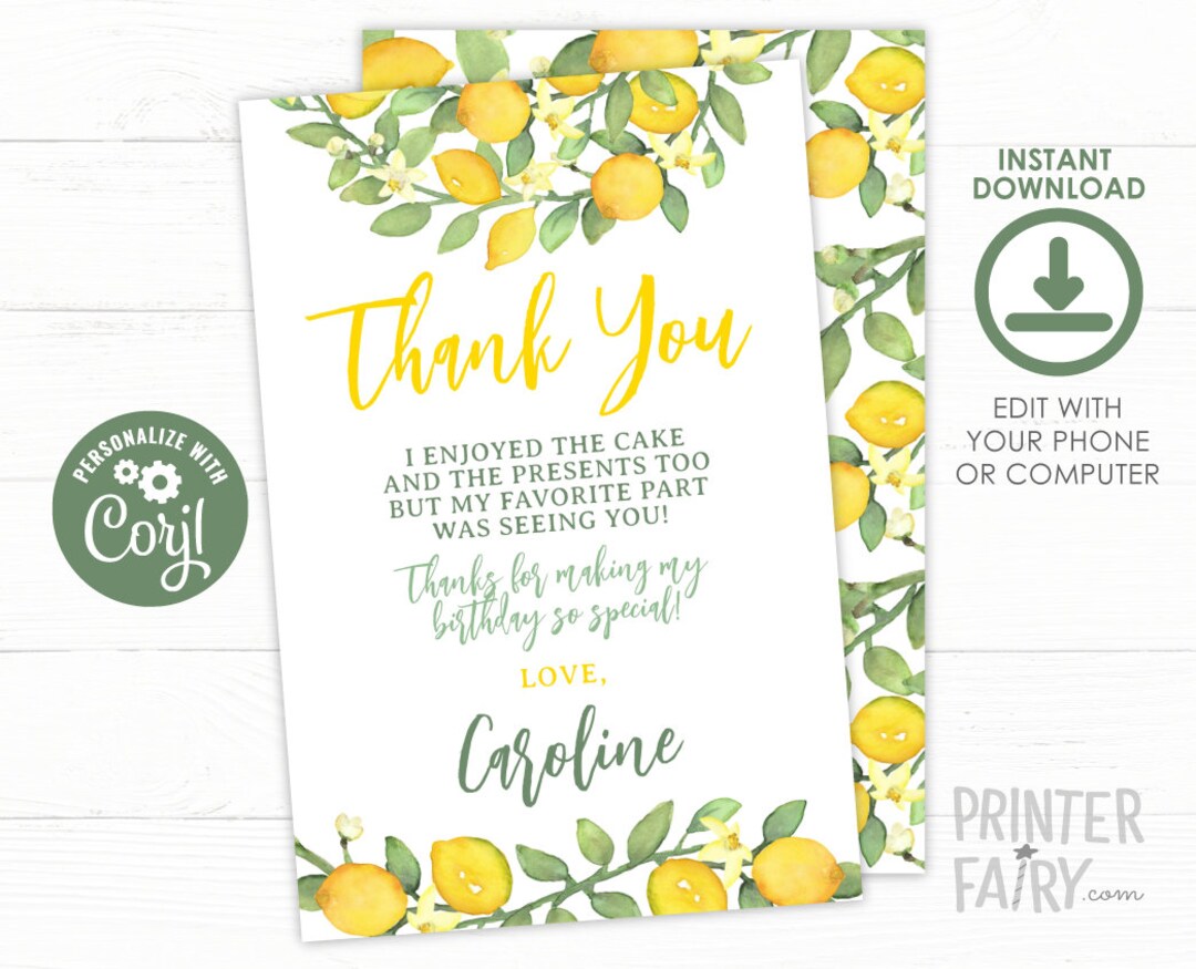 Lemon Thank You Cards Editable Citrus Thank You Notes - Etsy