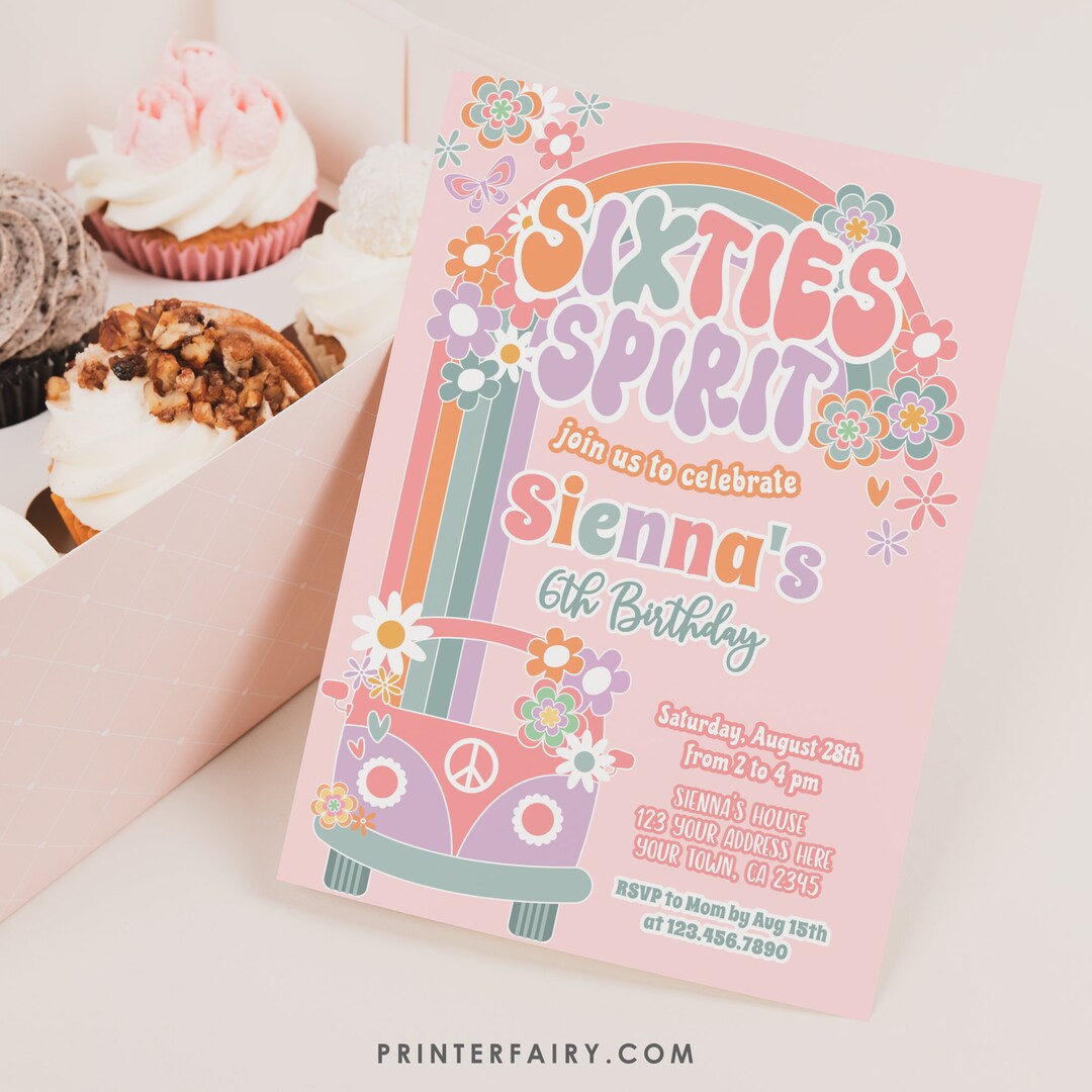 Editable Sixties Spirit Groovy Invitation 6th Birthday Daisy Invitation ...