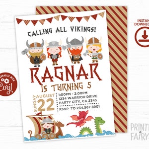 Viking Birthday Invitation, EDITABLE Dragon Birthday Invitation, Dragon ...