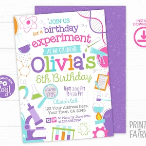 Science Birthday Party Invitation, EDITABLE, Scientifics Party, Girls ...