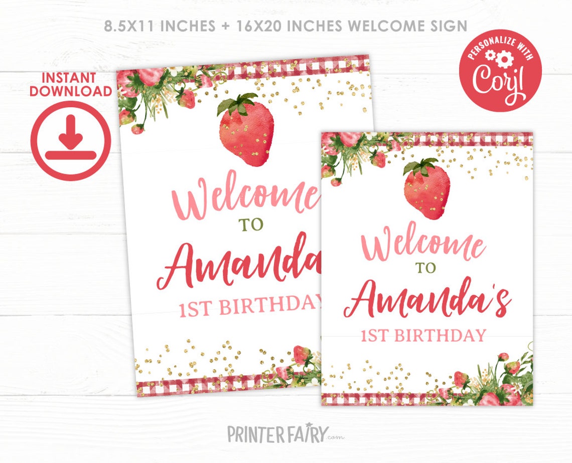 Strawberry Welcome Sign, Editable, Strawberry Sign, Fruit Birthday ...