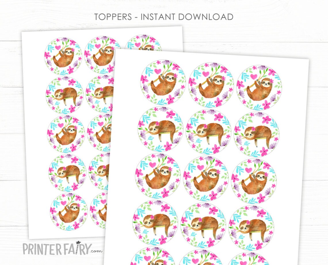 Sloth Toppers Sloth Stickers Sloth Birthday Party Digital - Etsy