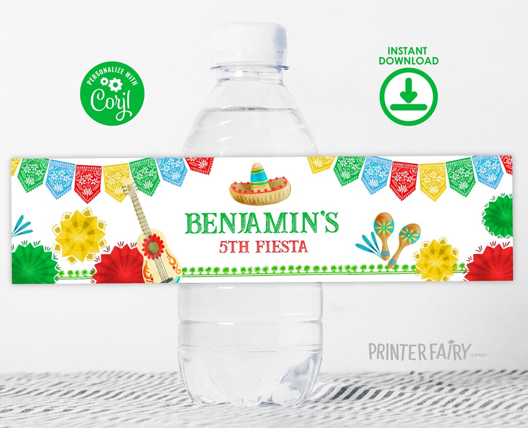 Fiesta Birthday Party Water Bottle Label, Editable Mexican Fiesta Label ...
