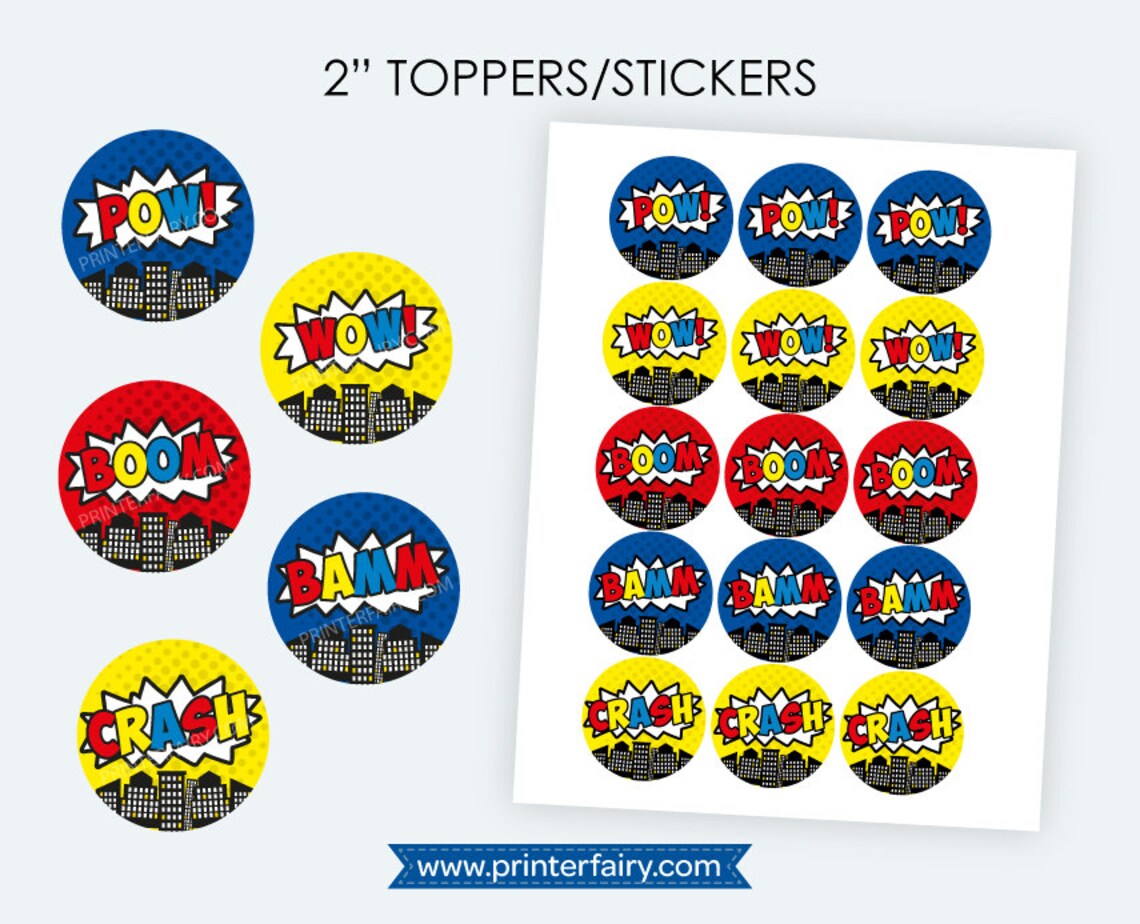 Superhero Printable Toppers or Stickers Superheroes Birthday - Etsy