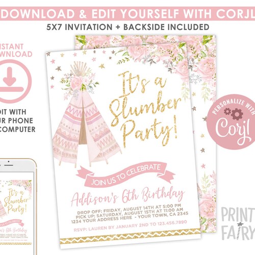 Slumber Party Invitation Birthday Sleepover Pajama Party - Etsy