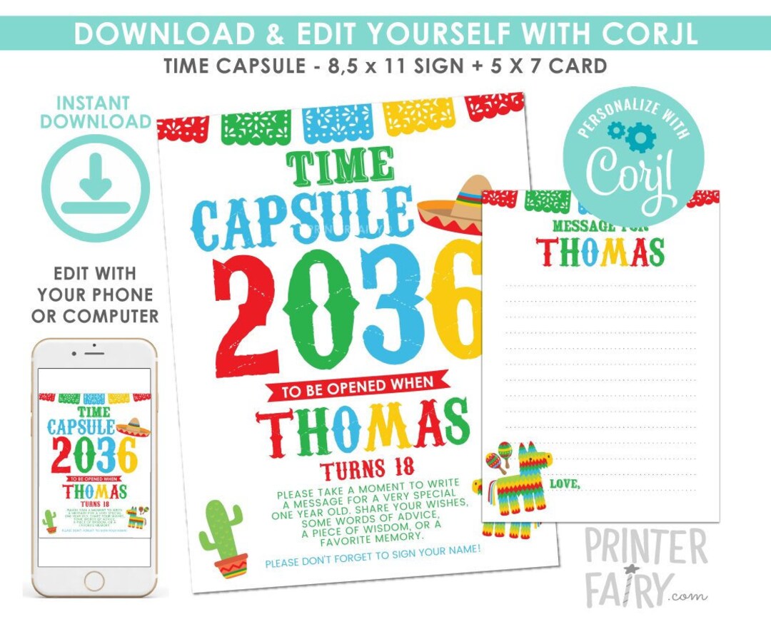 Fiesta Time Capsule, EDITABLE, Fiesta Birthday Party, Mexican Party ...