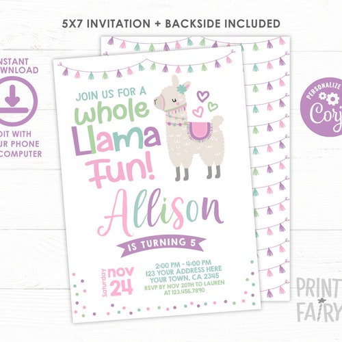 Llama Birthday Invitation EDITABLE Llama Birthday Party - Etsy