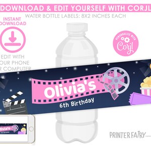 Movie Birthday Water Bottle Label, Editable Movie Night Birthday Party ...