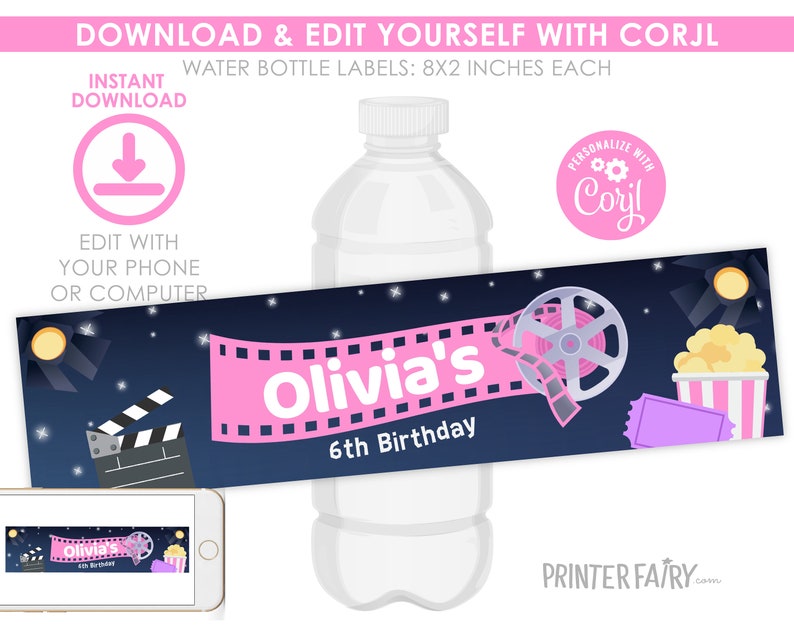 Movie Birthday Water Bottle Label, Editable Movie Night Birthday Party ...
