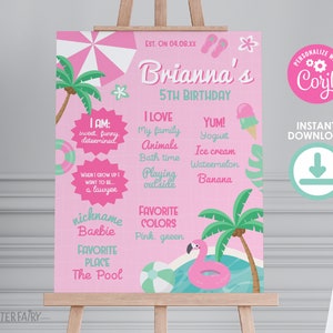 Pool Party Birthday Board, Pink Stats Sign (editable Digital Item) - Etsy