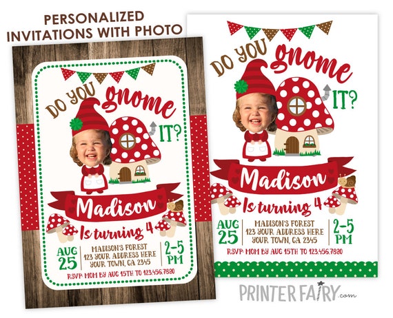 Woodland Gnome Invitation with Photo, Forest Birthday Invitation, Gnome ...