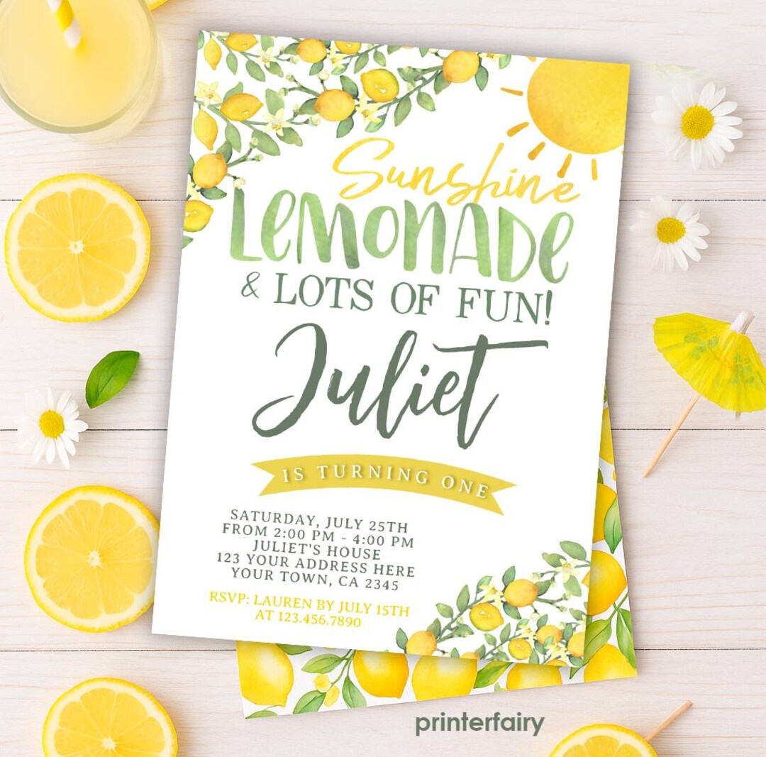 Lemon First Birthday Invitation, Editable, Citrus Invitation, Lemonade ...