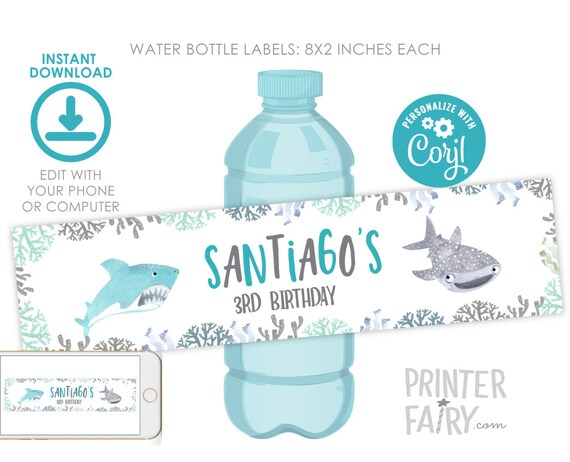 Shark Water Bottle Labels, EDITABLE, Under the sea, Fintastic Birthday ...