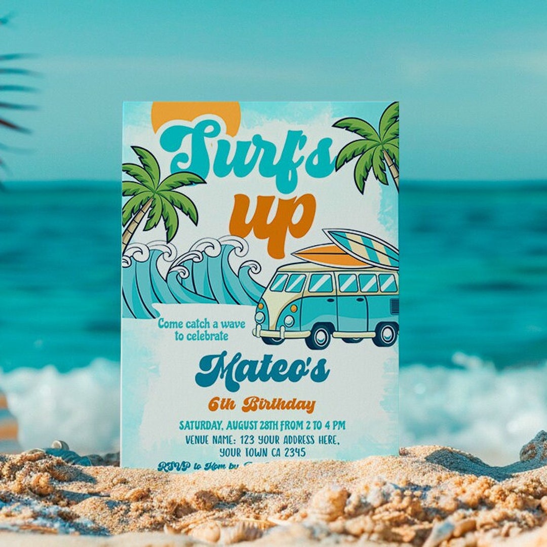 Editable Surfs up Birthday Party Invitation, Surf Birthday Party, Retro ...