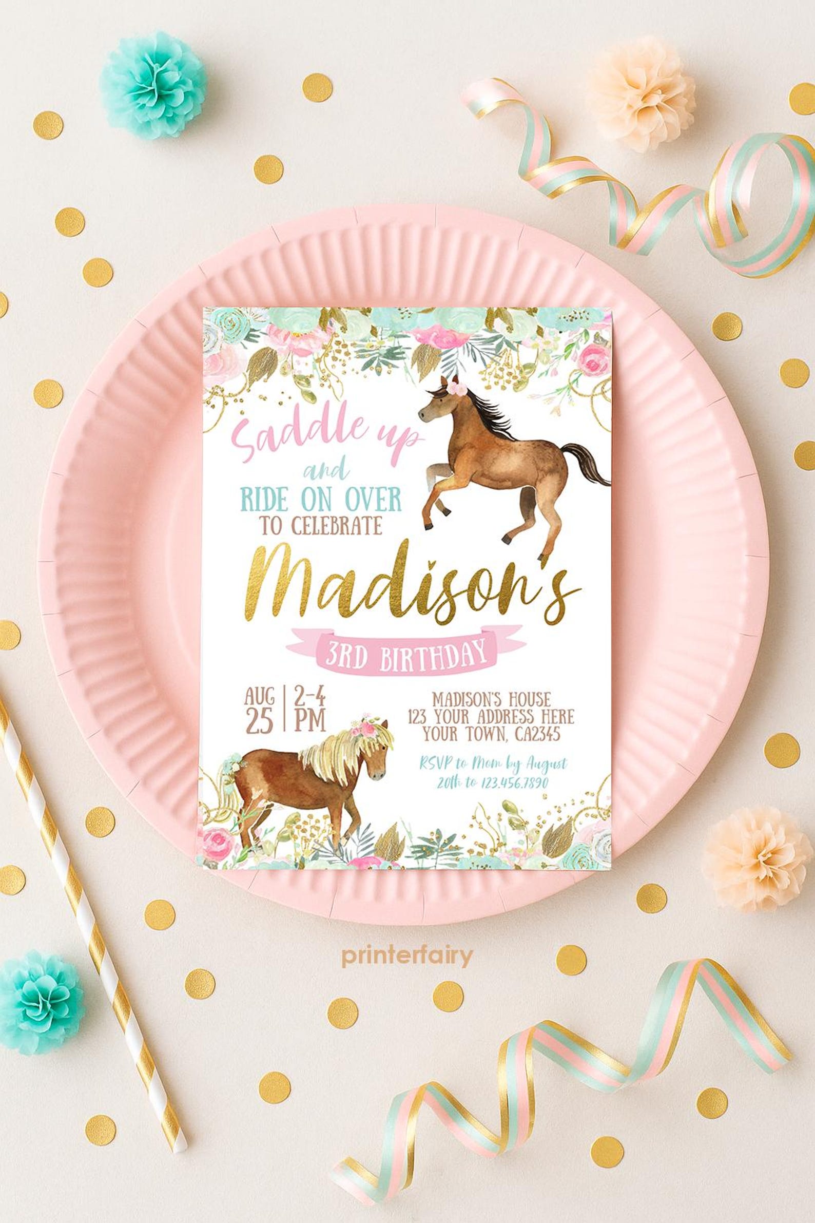 Floral Horse Birthday Invitation, Girl Cowgirl Party (INSTANT DOWNLOAD ...
