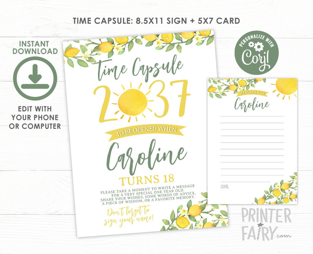 Zitrone Time Capsule, EDITIERBARE, Limonade Sonnenschein Geburtstag ...