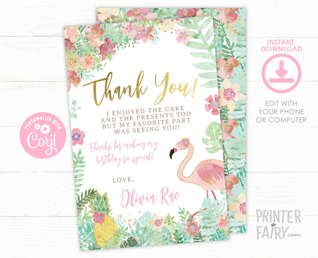 Flamingo Thank You Cards, EDITABLE, Flamingle Birthday Party, Tropical ...