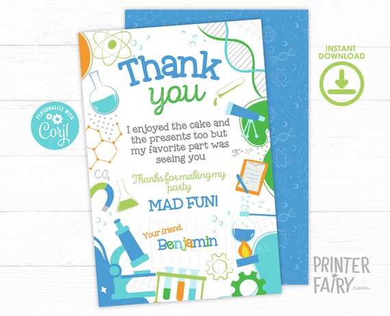 Science Birthday Party Thank You Card, EDITABLE, Science Theme Party ...
