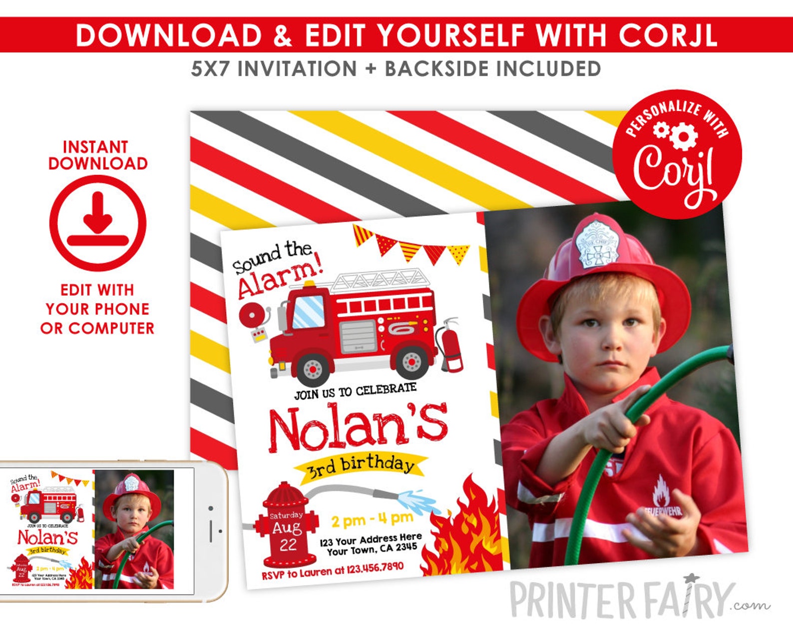 Firefighter Invitation With Photo EDITABLE Fire Fighter | Etsy