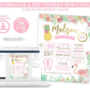 Flamingo First Birthday Board, EDITABLE, Pineapple 1st Birthday Sign ...