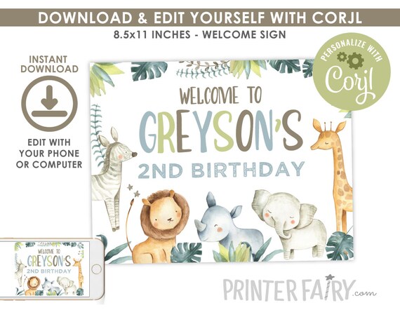 Jungle Welcome Sign, EDITABLE, Safari Birthday Party Decorations ...