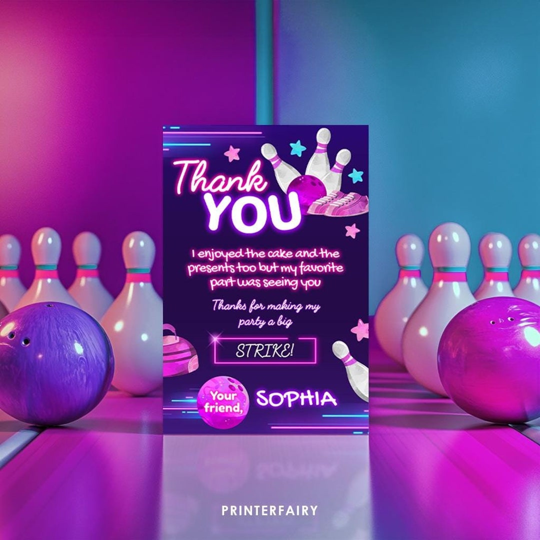 Bowling Birthday Thank You Card, Editable Printable (instant Download ...