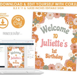 Hippie Welcome Sign, EDITABLE, Groovy One Birthday, Two Groovy Birthday ...