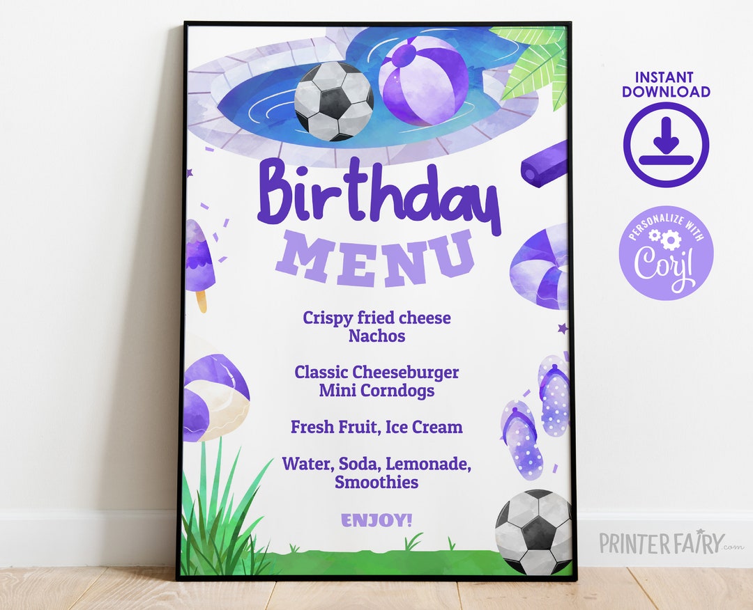 Soccer Pool Birthday Party Menu Sign, Editable, Sports Summer Pool ...