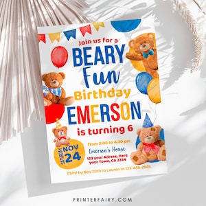 Bear Birthday Party Invitation Editable Beary Fun Birthday Bear ...