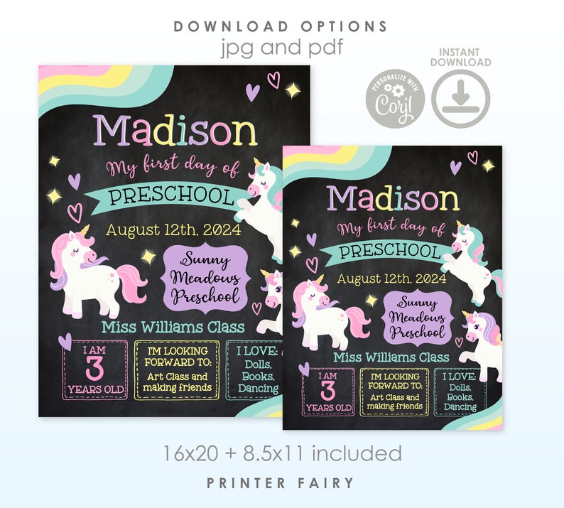 Back to School Unicorn Sign, First Day of School Editable Board, First ...