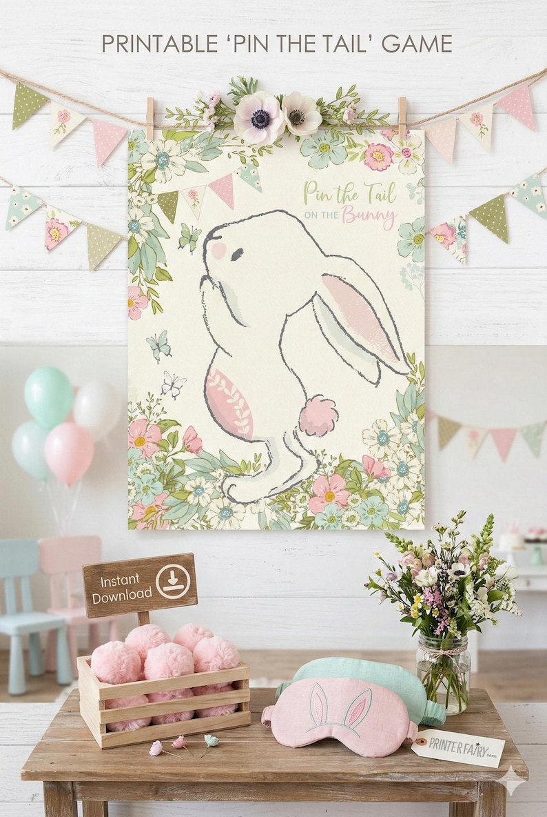 Pin the Tail on the Bunny Game, Spring Birthday Party Activity (instant ...