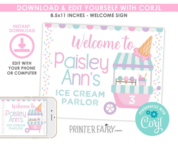 Ice Cream Welcome Sign, EDITABLE, Ice Cream Parlor Sign, Ice Cream Shop ...