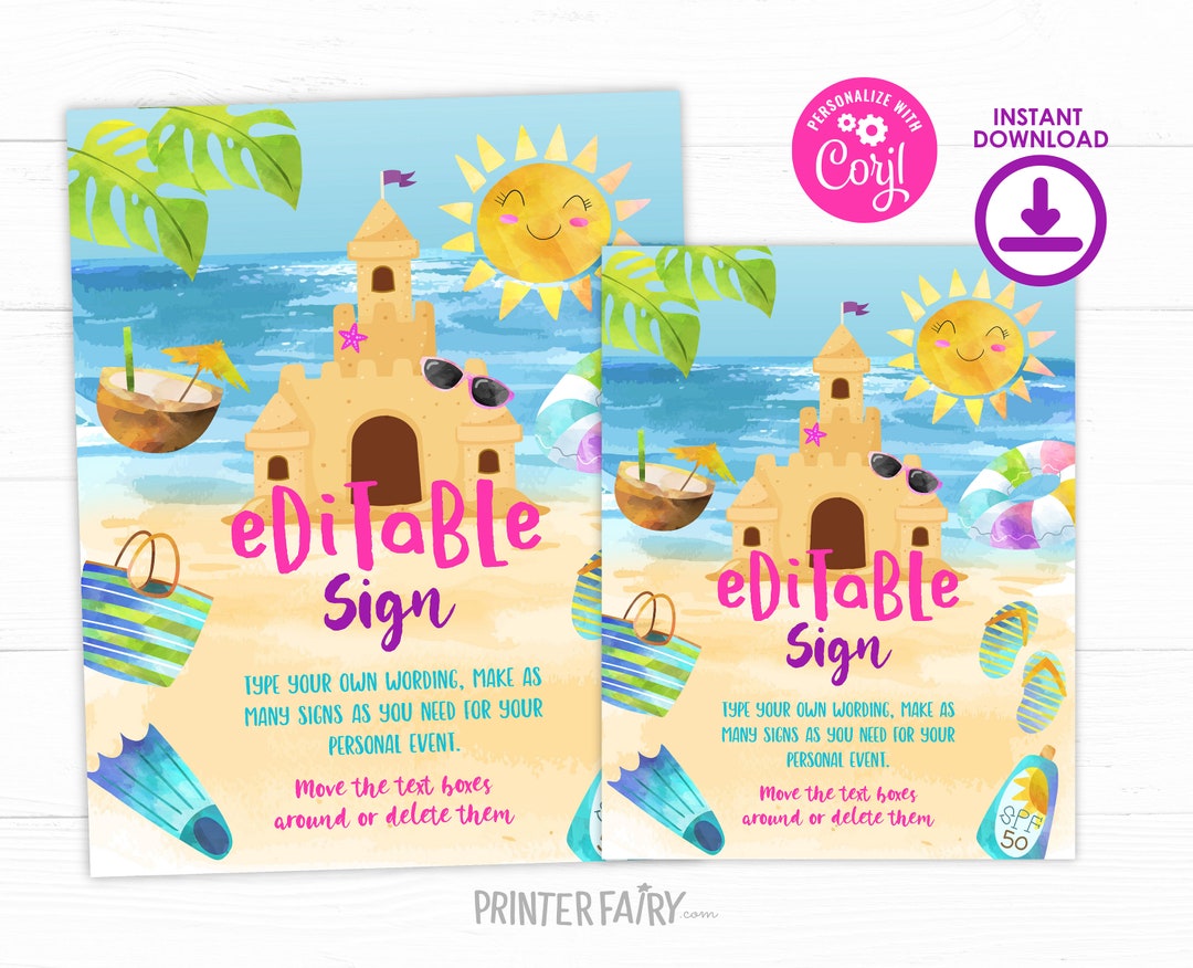 Beach Birthday Party Editable Sign, Sand Castle Welcome Sign, Summer ...