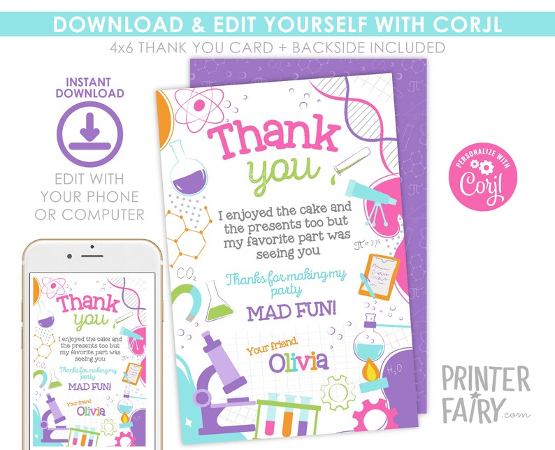 Science Birthday Party Thank You Card EDITABLE Science Theme - Etsy