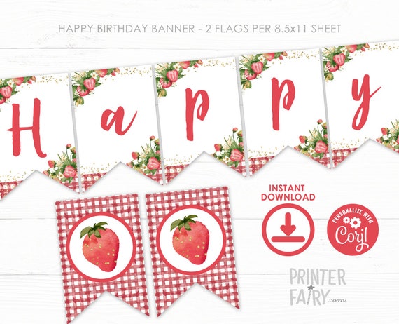Strawberry Birthday Banner, Editable, Strawberry Birthday Decorations ...