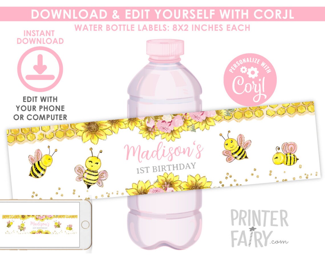 Bee Water Bottle Labels Editable Honey Bee Birthday Bee - Etsy