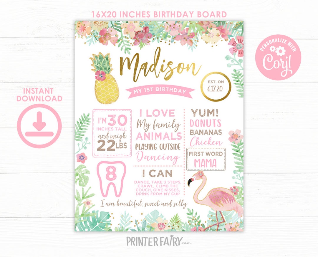 Flamingo First Birthday Board, EDITABLE, Pineapple 1st Birthday Sign ...