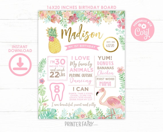 Flamingo First Birthday Board, EDITABLE, Pineapple 1st Birthday Sign ...